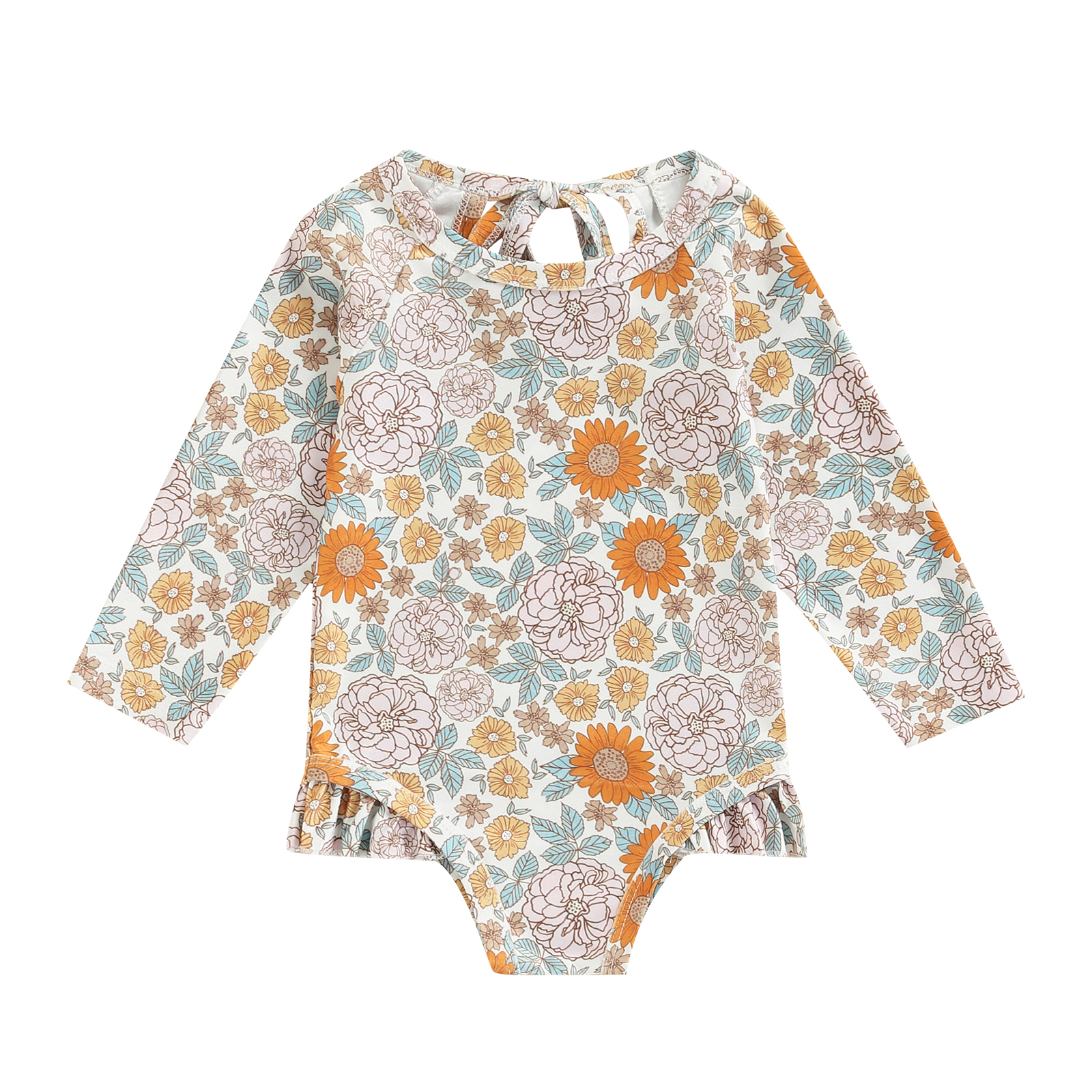 Girls Casual Swimwear, Heart/ Flower Print Round Neck Long Sleeve One ...