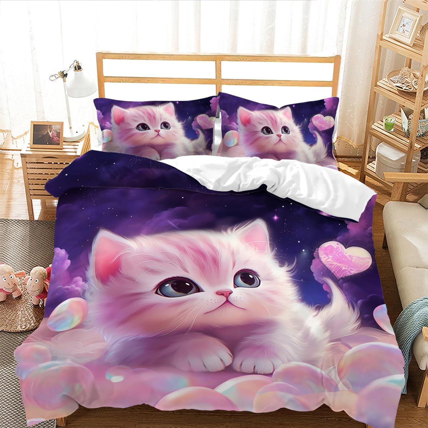 Girls Cat Duvet Cover Set, 3 Pieces Kids Bedding Cartoon Comforter ...
