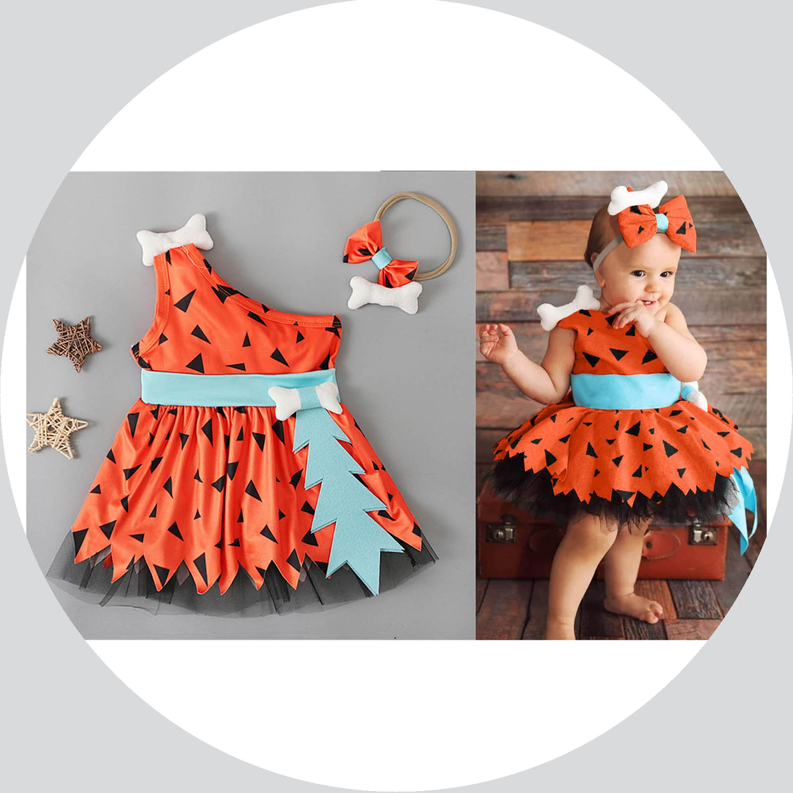 Girls Caveman Costume Dog Bones Historical Stone Age Dress Birthday ...