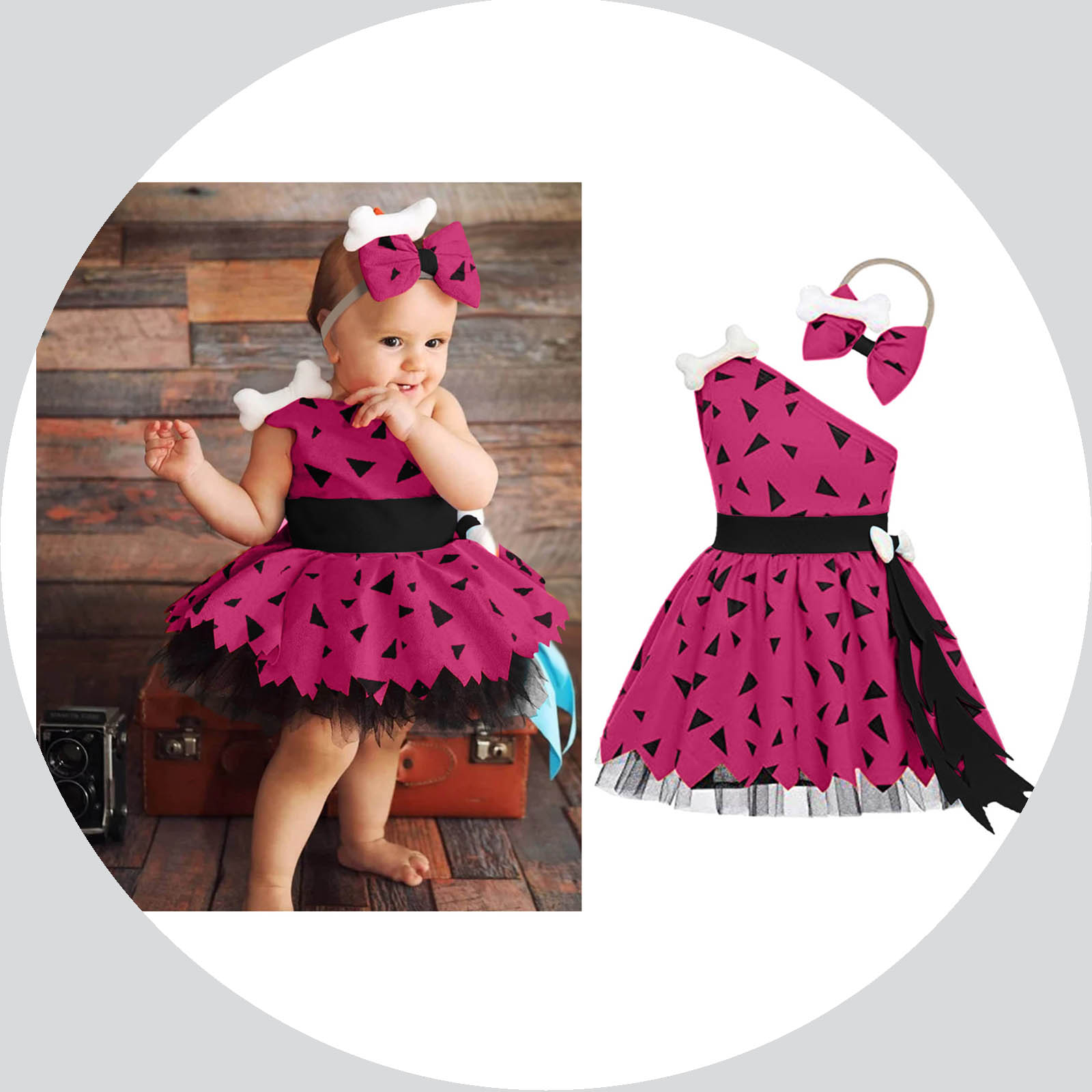 Girls Caveman Costume Dog Bones Stone Age Dress Outfit Birthday ...