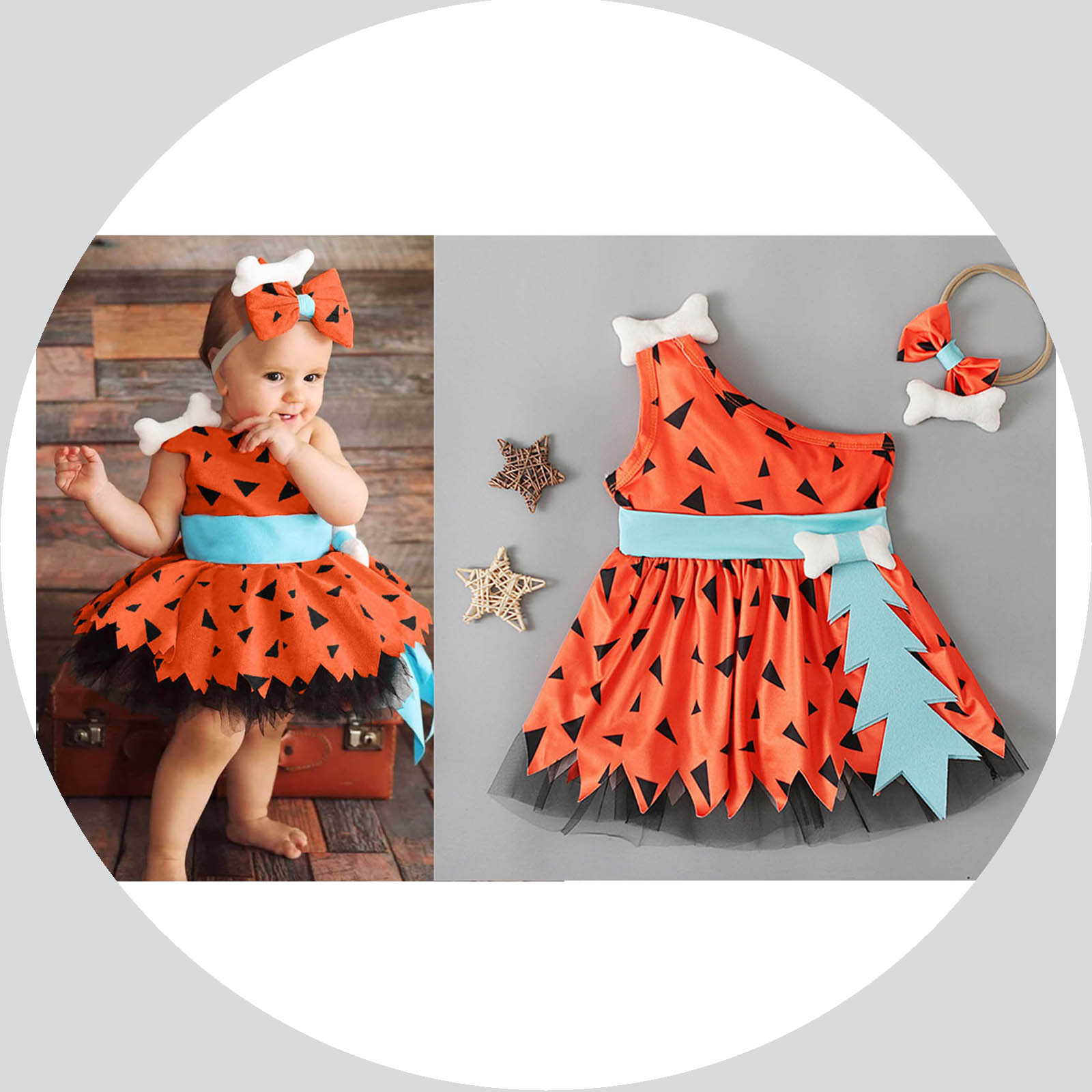 Girls Caveman Costume Dog Bones Stone Age Dress Outfit One Birthday ...