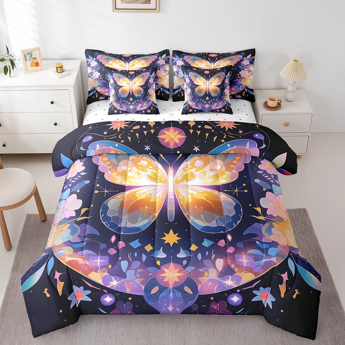 Chic Butterfly Bedding Comforter Sets 7pcs Rainbow Floral Bed in a Bag ...