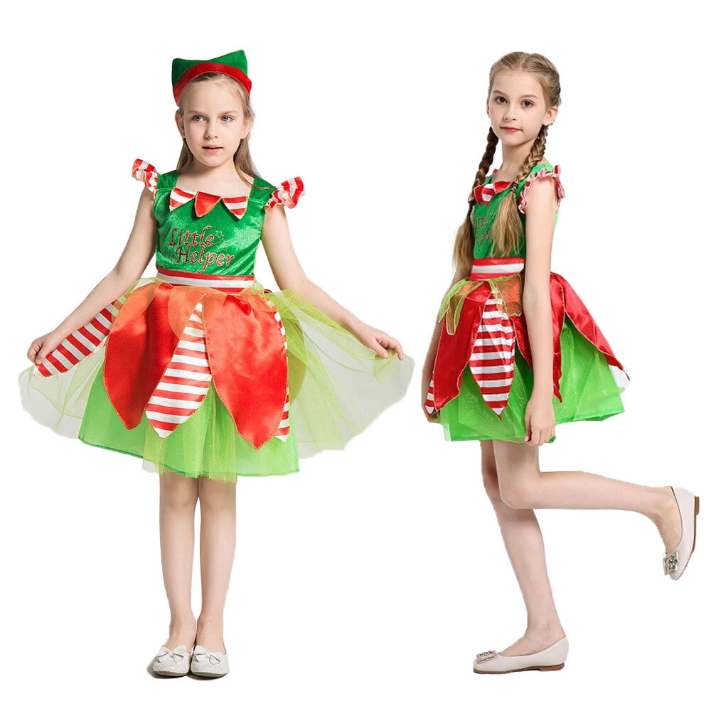 Girls Christmas Costume Holiday Dress Elf Printed Xmas Eve Party ...