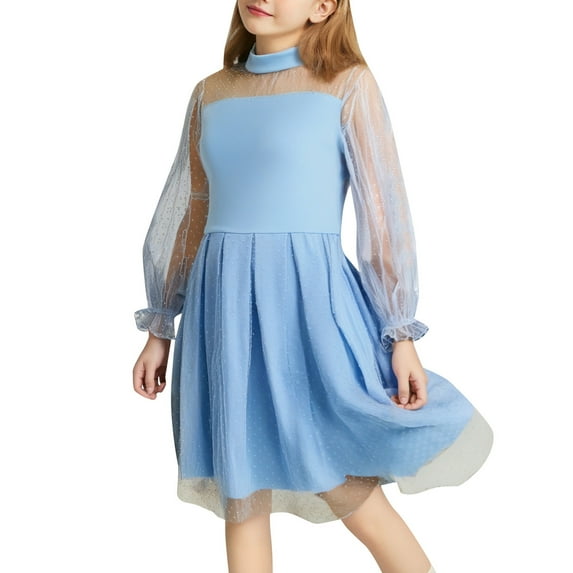 Girls Christmas Dress with Color Contrast Mesh Long Sleeve, High Waist ...