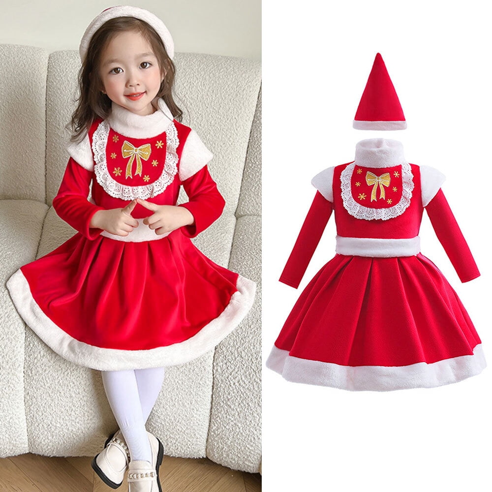Girls Christmas Elf Dress Set Santa Claus Costume w/Hat Party Outfit ...