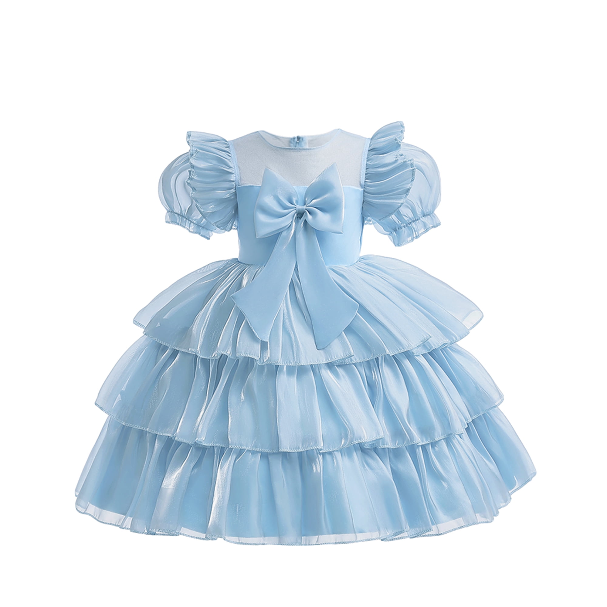 Girls Christmas Evening Dress Short Puff Sleeve Tiered Ruffle Princess ...