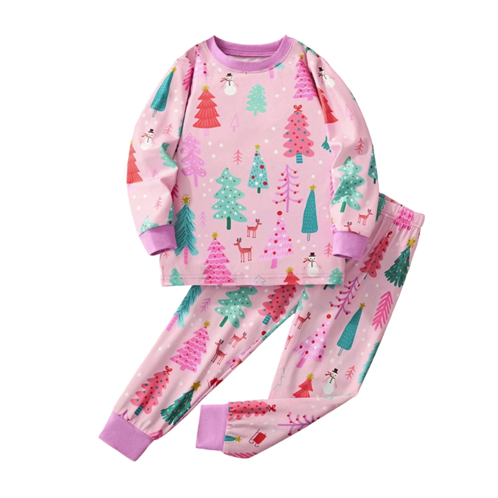 Girls Christmas Pajamas Cute Christmas Tree Print Holiday Long Sleeve ...