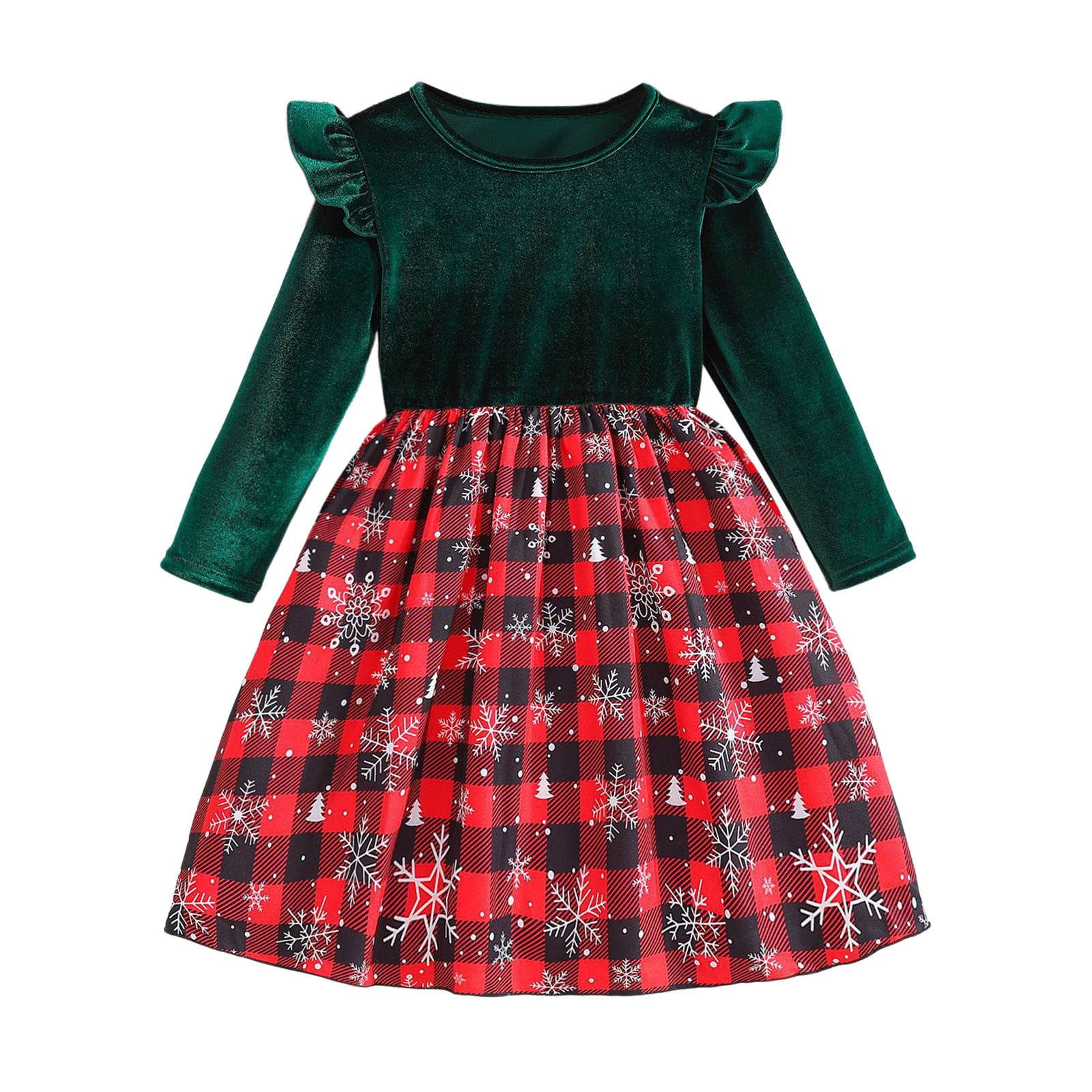Girls Christmas Party Dress With Cartoon Snowflake Plaid Pattern ...
