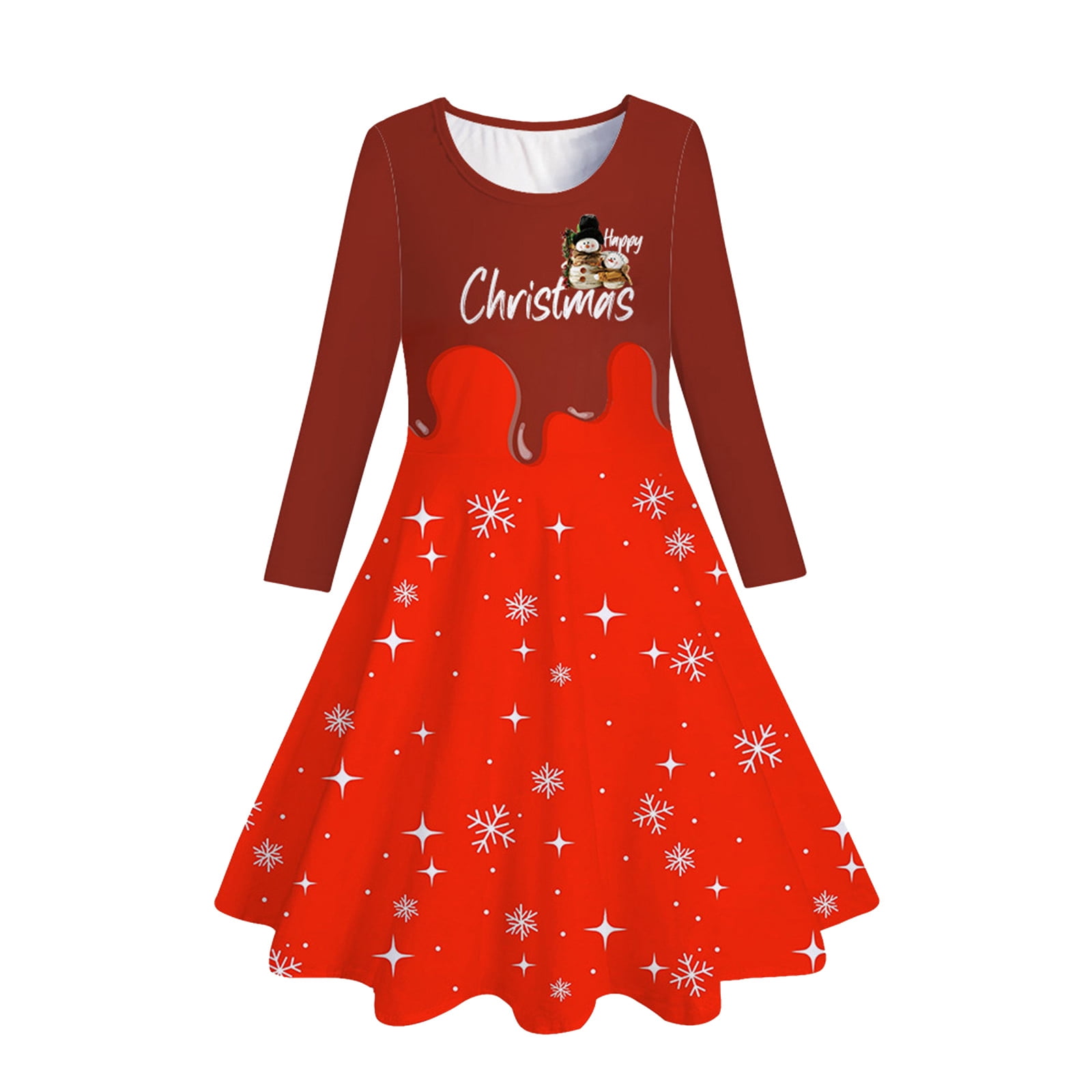 Girls Christmas Party Dress with Festive Trees and Deer Print Long ...