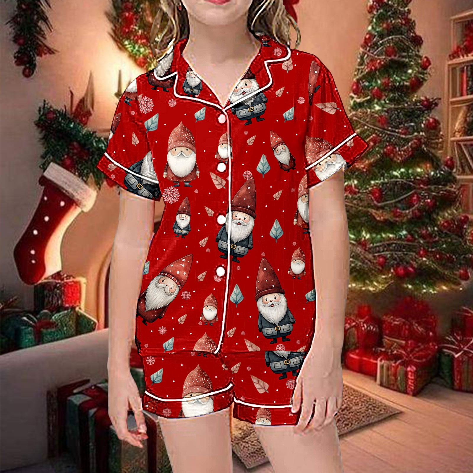 Girls Christmas Pjs Set Printed Satin Pajama Set Short Sleeve 2 Piece ...