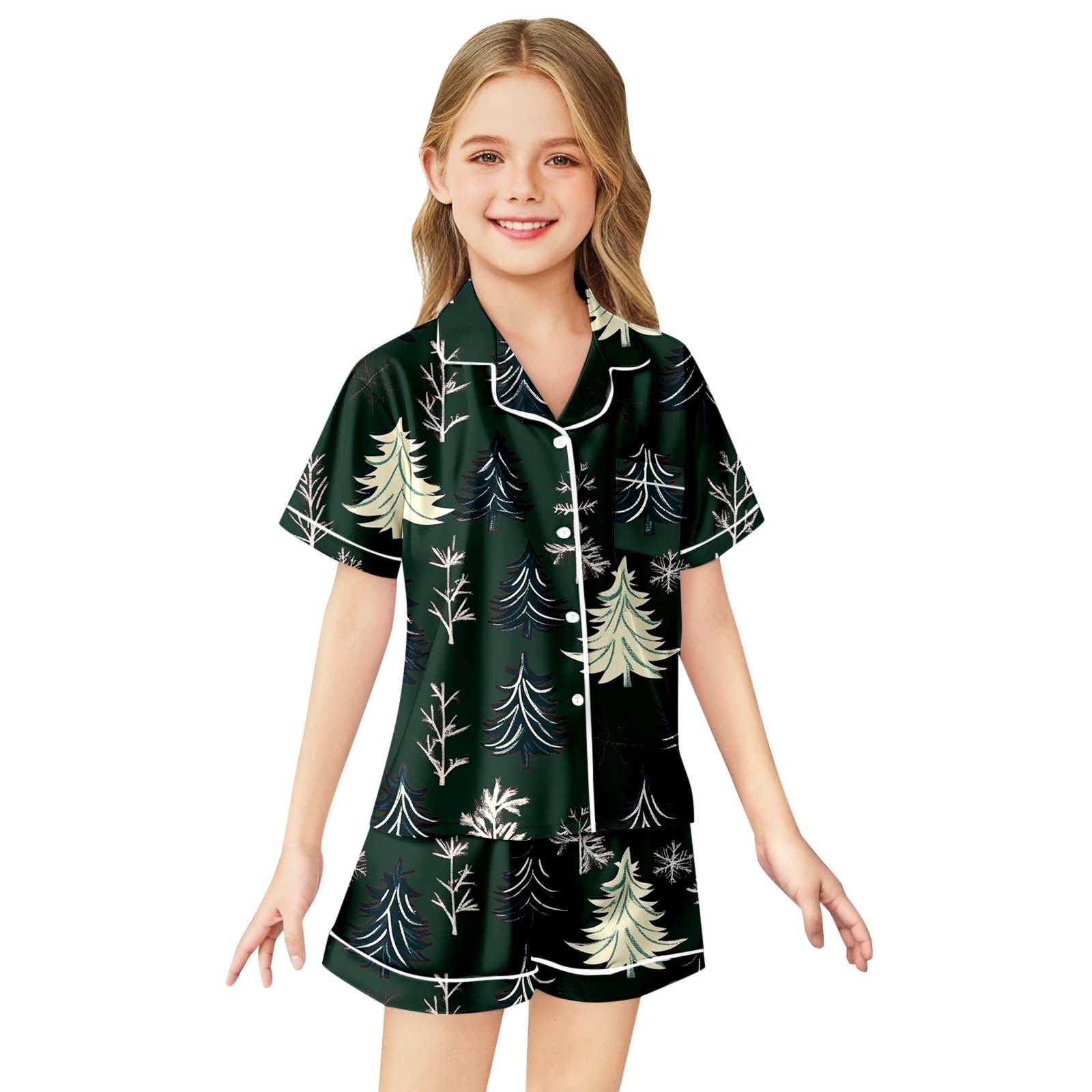 Girls Christmas Pjs Set Printed Satin Silk Pajamas Button Down Tops ...