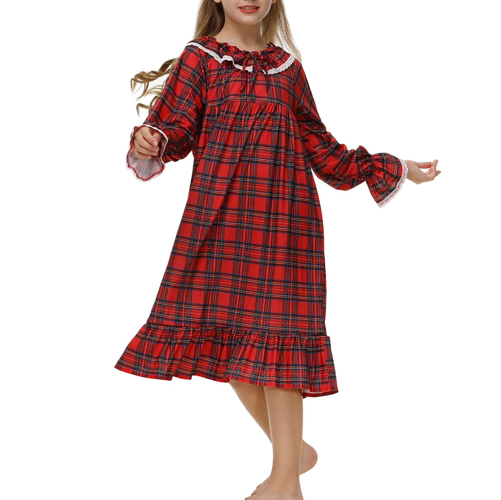 Girls Christmas Plaid Princess Nightgowns Soft Cute Lace Pajamas Dress ...