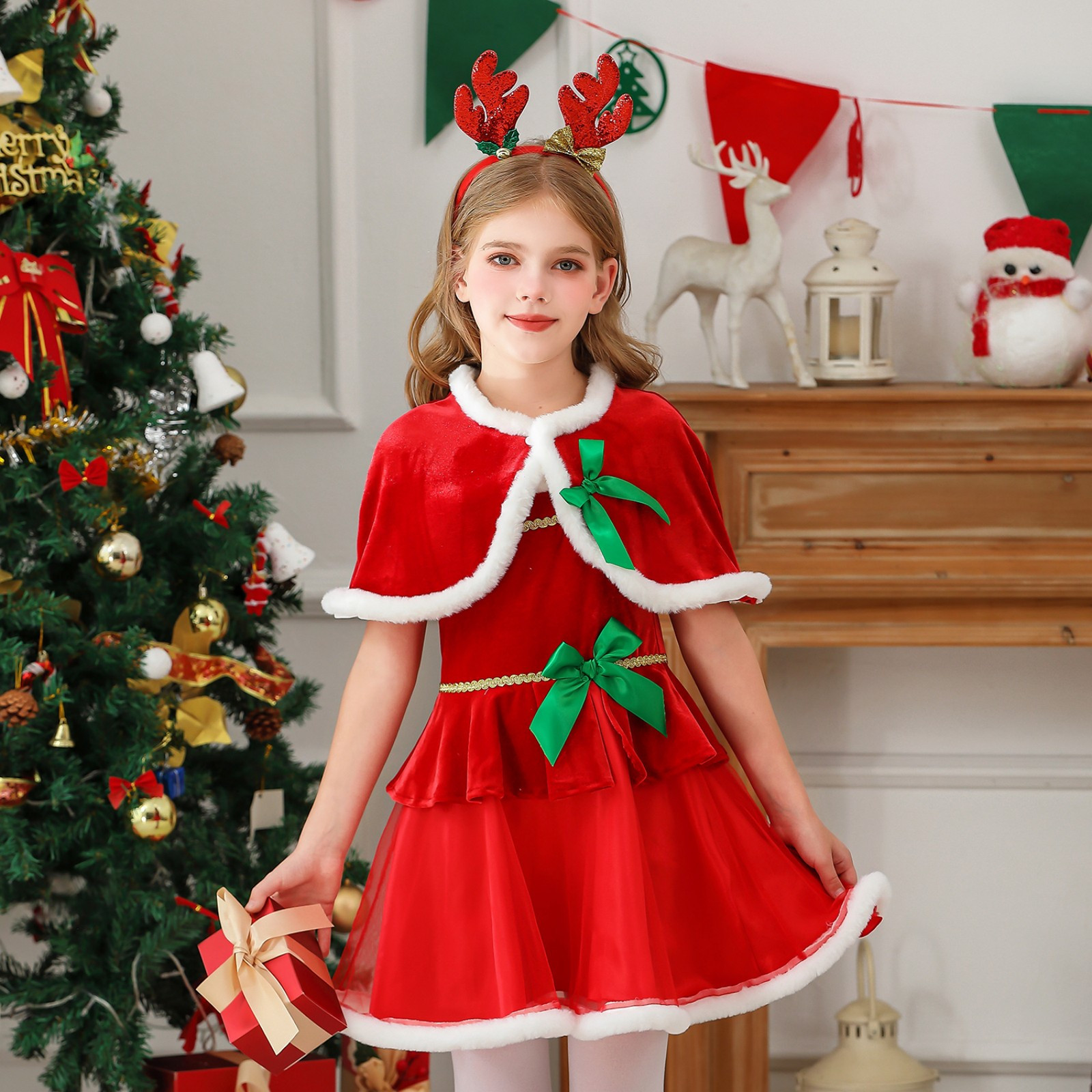Girls' Christmas Plaid Printed Long Sleeved Doll Collar Bow Dress With ...