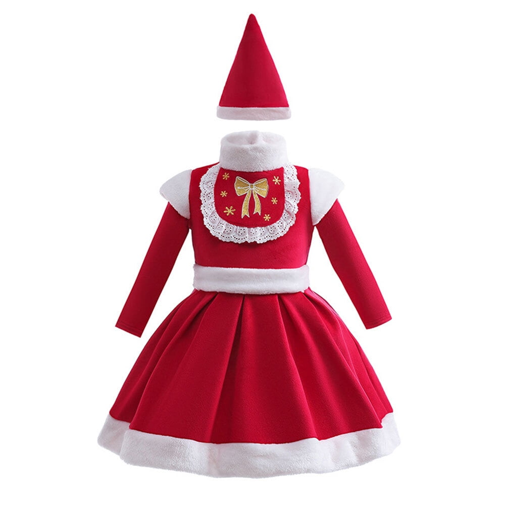 Girls Christmas Princess Dress Set Santa Claus Elf Party Outfit Dress ...