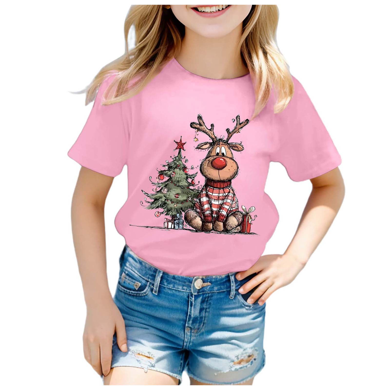 Girls Christmas Shirts Santa Holiday Short Sleeve Tops Xmas Graphic ...