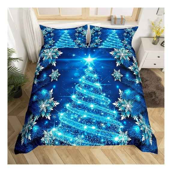 Girls Christmas Tree Duvet Cover Blue Xmas Theme Bedding Set Chic ...