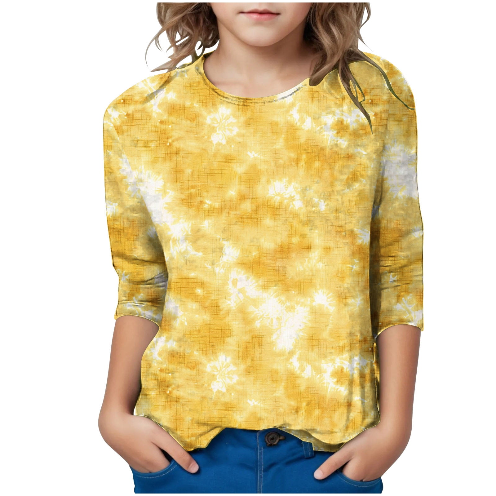 Girls Clothes Clearance 3/4 Sleeve Gradient Round Neck Tie-dye Print ...