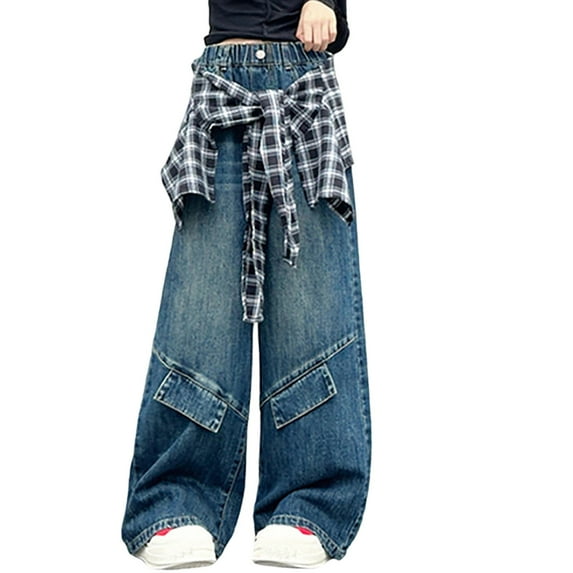 Girls Clothes Girls Baggy Cargo Jeans Wide Leg Elastic Waist Denim ...