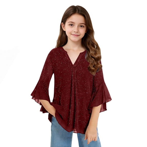 Lutiedan Girls Clothes Shiny Mesh Party Sequin Top Breathable V-Neck 3/ ...