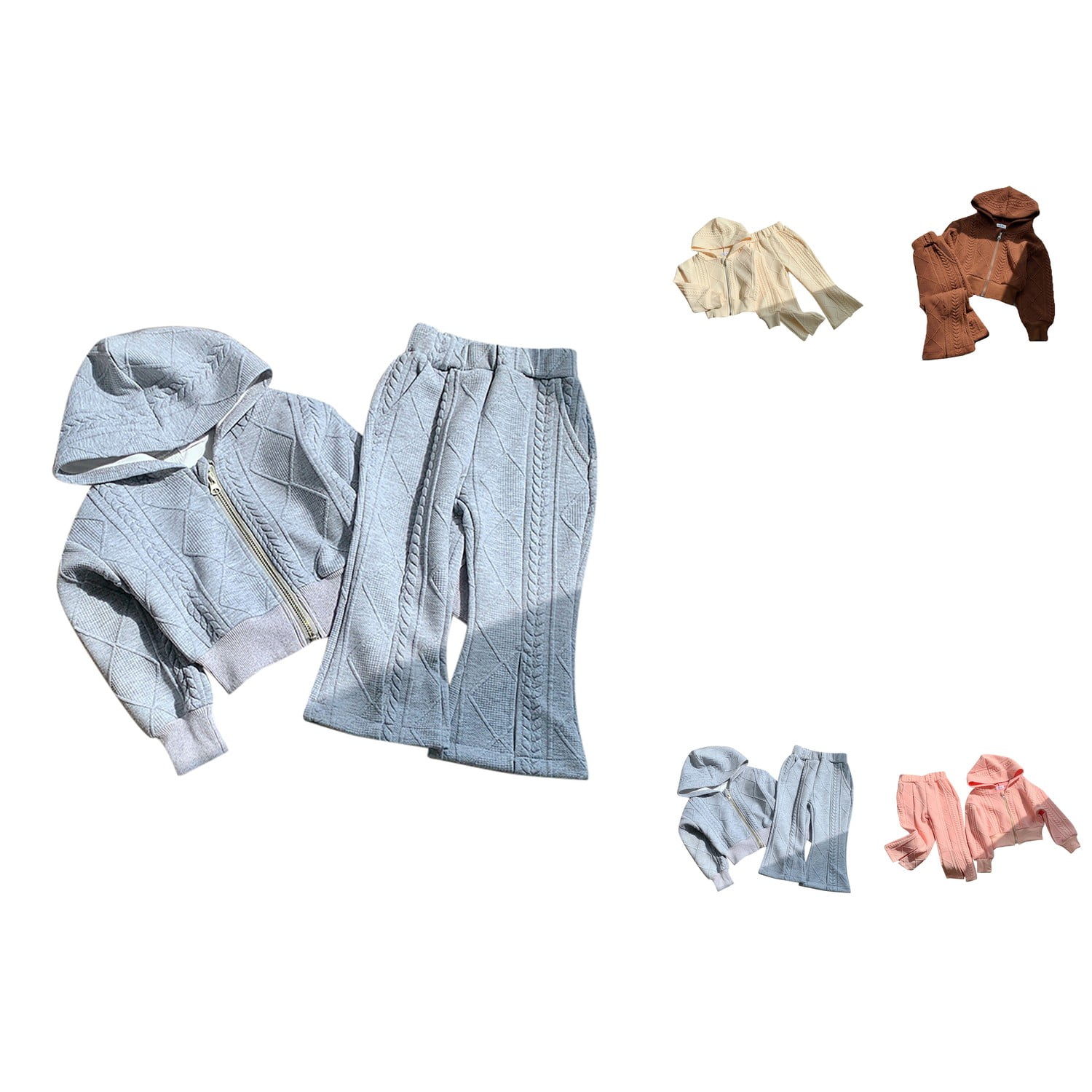 Girls Clothing Set Fall Knit Long Sleeve Hoodie Zipper Up Sweatshirt And Wide Leg Pants Slouchy ...