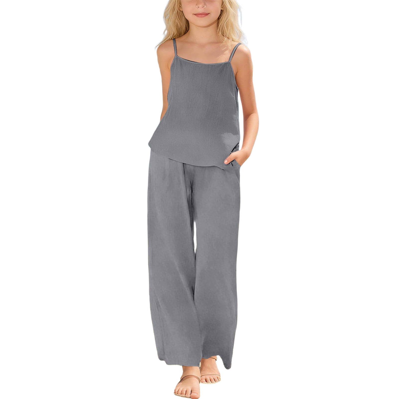 Girls’ Clothing Sets Sleeveless Crop Top Wide Leg Linen Shorts Pants ...
