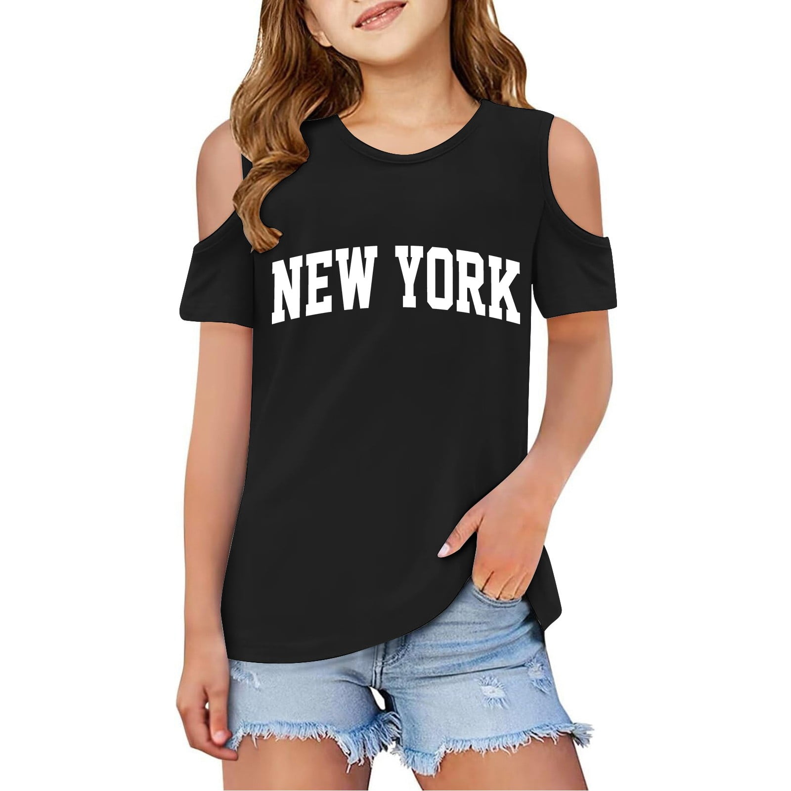 Girls Cold Shoulder Short Sleeve Crewneck Tee Casual Oversized Summer ...
