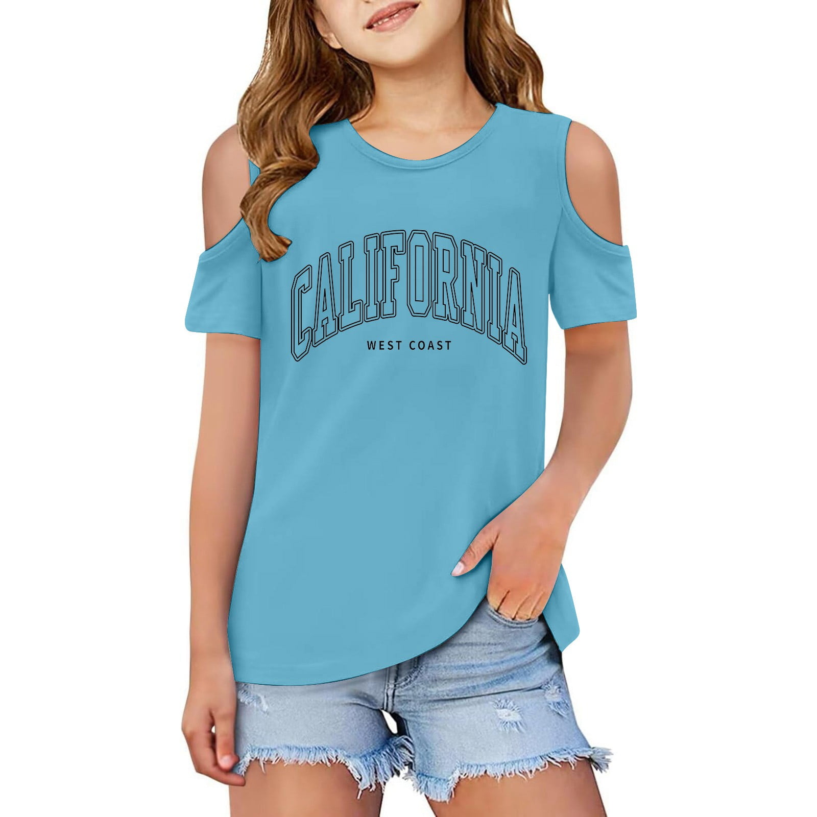 Girls Cold Shoulder Short Sleeve Tee Oversized Crewneck Casual Summer ...