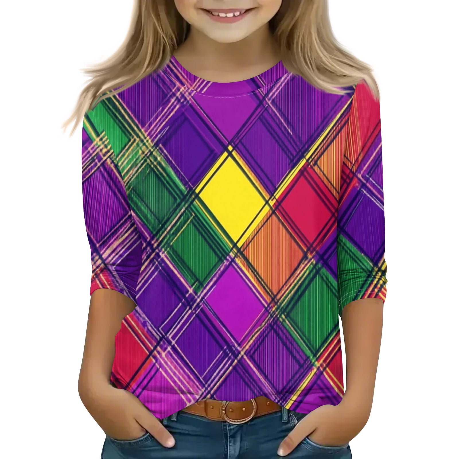 YOUYEDIAN Girls Color Block 3/4 Sleeve Shirts Kids Spring Fall Casual ...