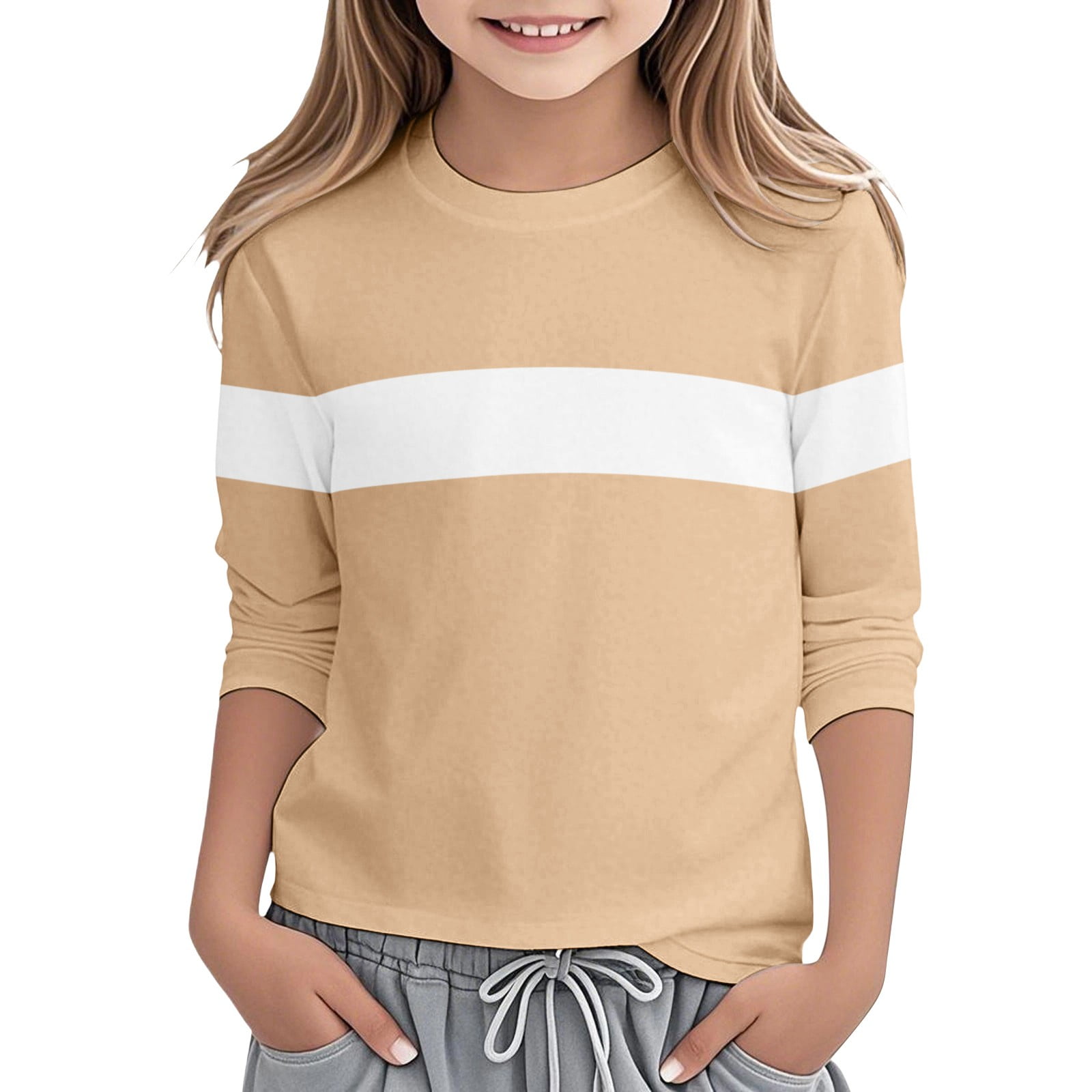 Girls' Color-Blocked Long-Sleeved Round-Neck Tee - Soft, Comfy, and ...