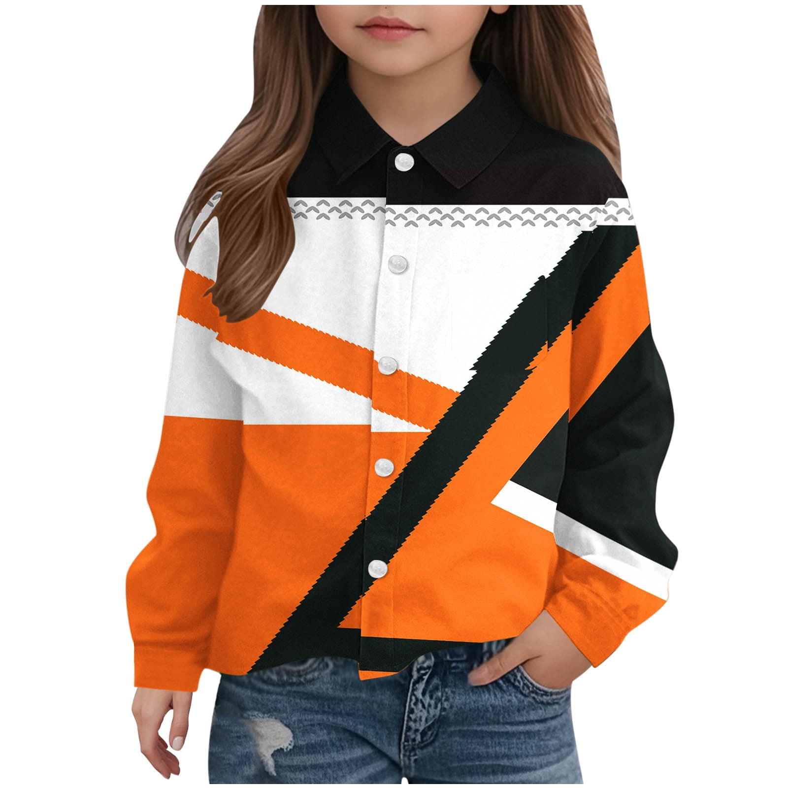 Girls Colorblock Tshirts Long Sleeve Buttom Shirts Kids Open Front ...
