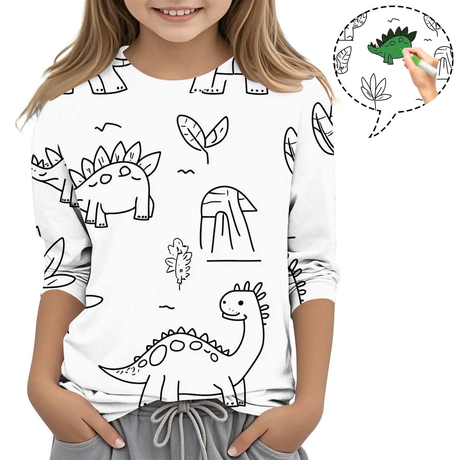 Girls Coloring T Shirt Hand DIY 3/4 Sleeve Graphic Tees Casual Pullover ...