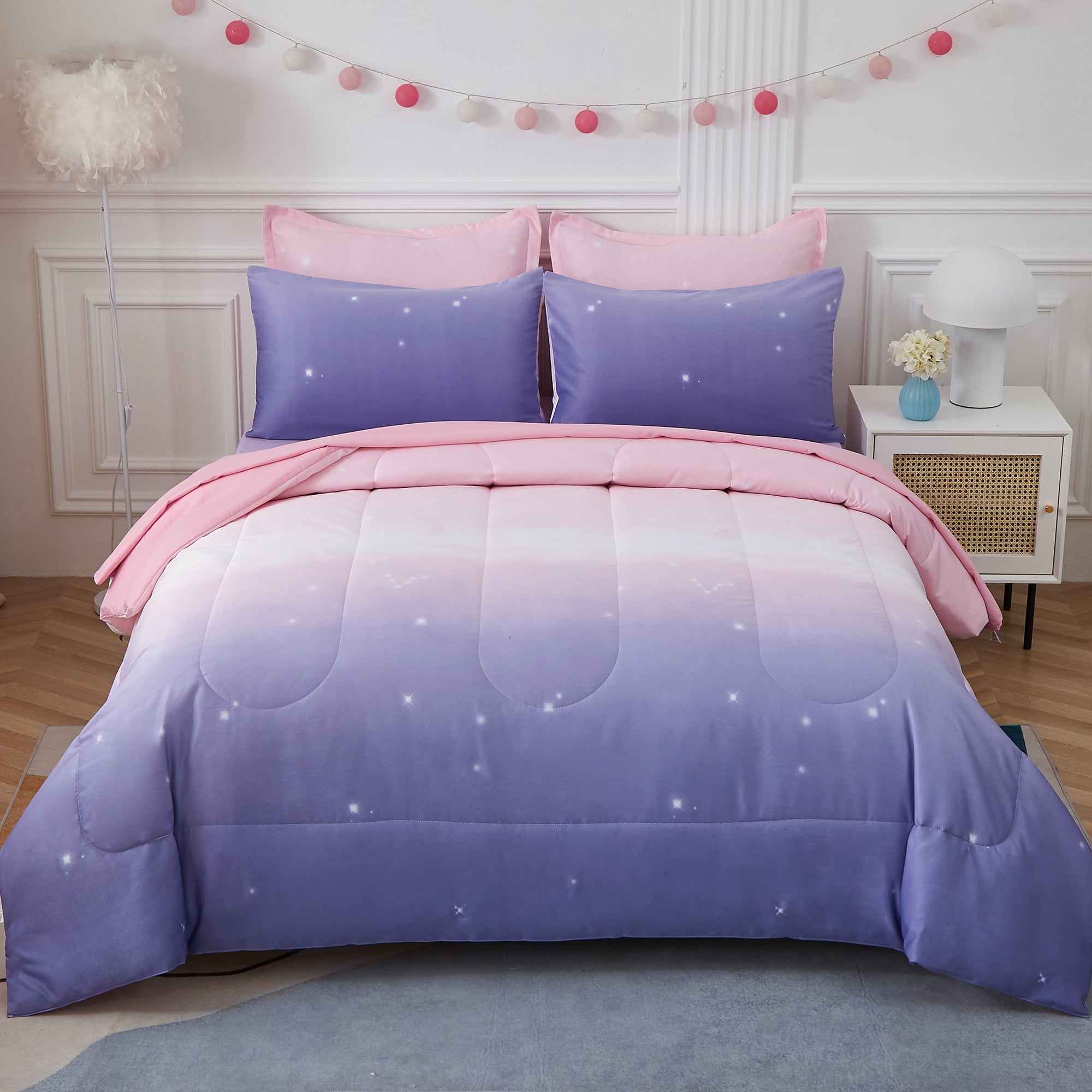 Girls Comforter Set Twin Size 6 Pieces Bed in A Bag Colorful Ombre Pink ...