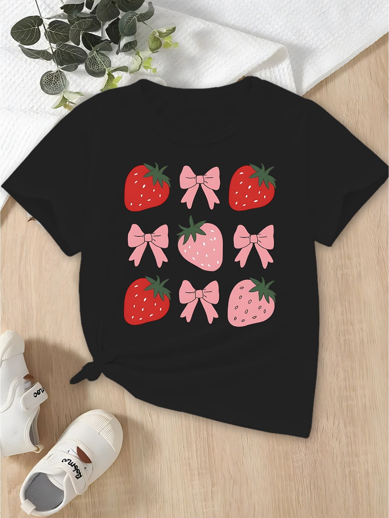 Girls' Comfy Stretchy Strawberry Bow Print T-Shirt - Breathable, Casual ...
