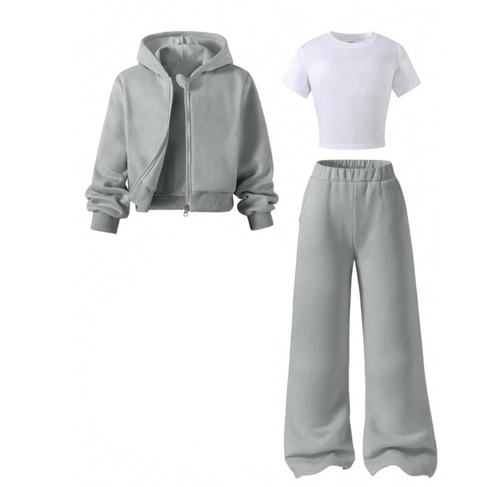 Girls' Complete 3-Piece Tracksuit Set - Zip-Up Hoodie, Wide-Leg Pants ...