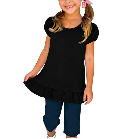 Girls Cotton Crew Neck T-Shirt Ruffle Hem Puff Short Sleeve Shirts ...