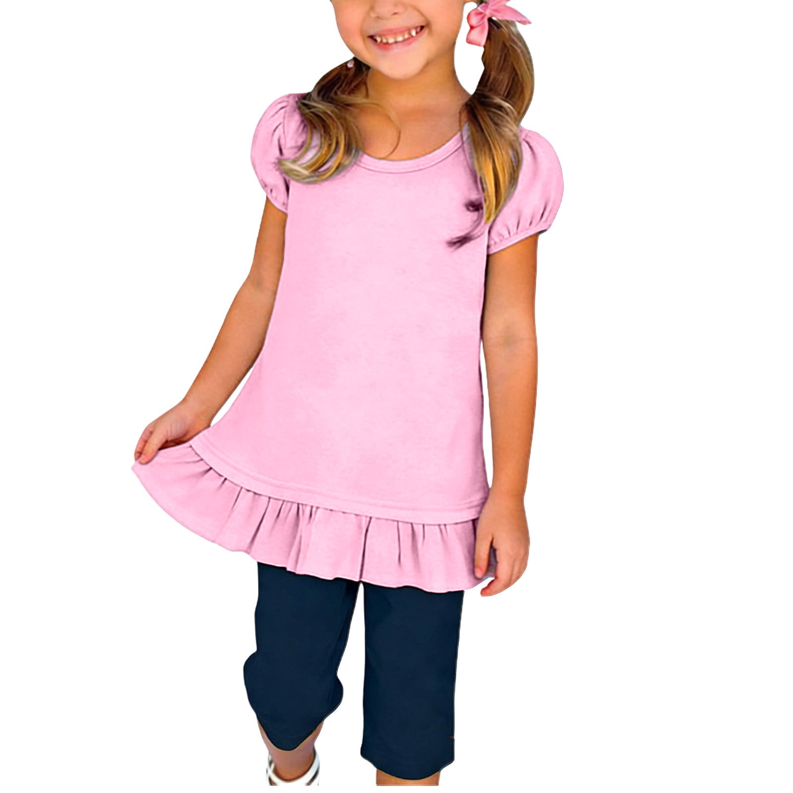 Girls Cotton Crew Neck T-Shirt Ruffle Hem Puff Short Sleeve Shirts ...