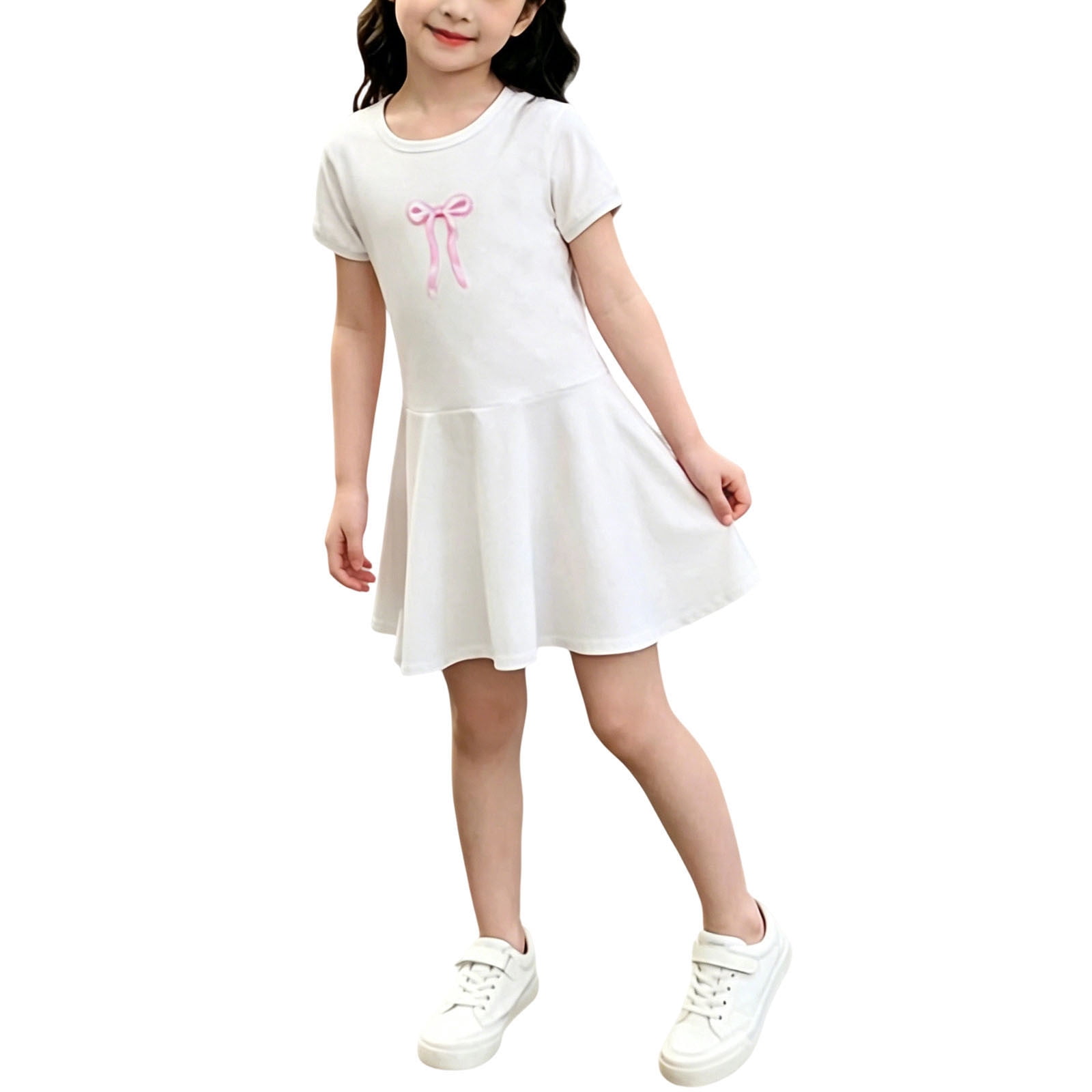 Girls Cotton Dress Print Short Sleeve Sundress Kids Casual A-Line Dress ...