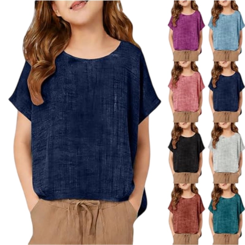 Girls Cotton Linen Shirts Tween Girls Boho Boat Neck Blouses Roll Up ...