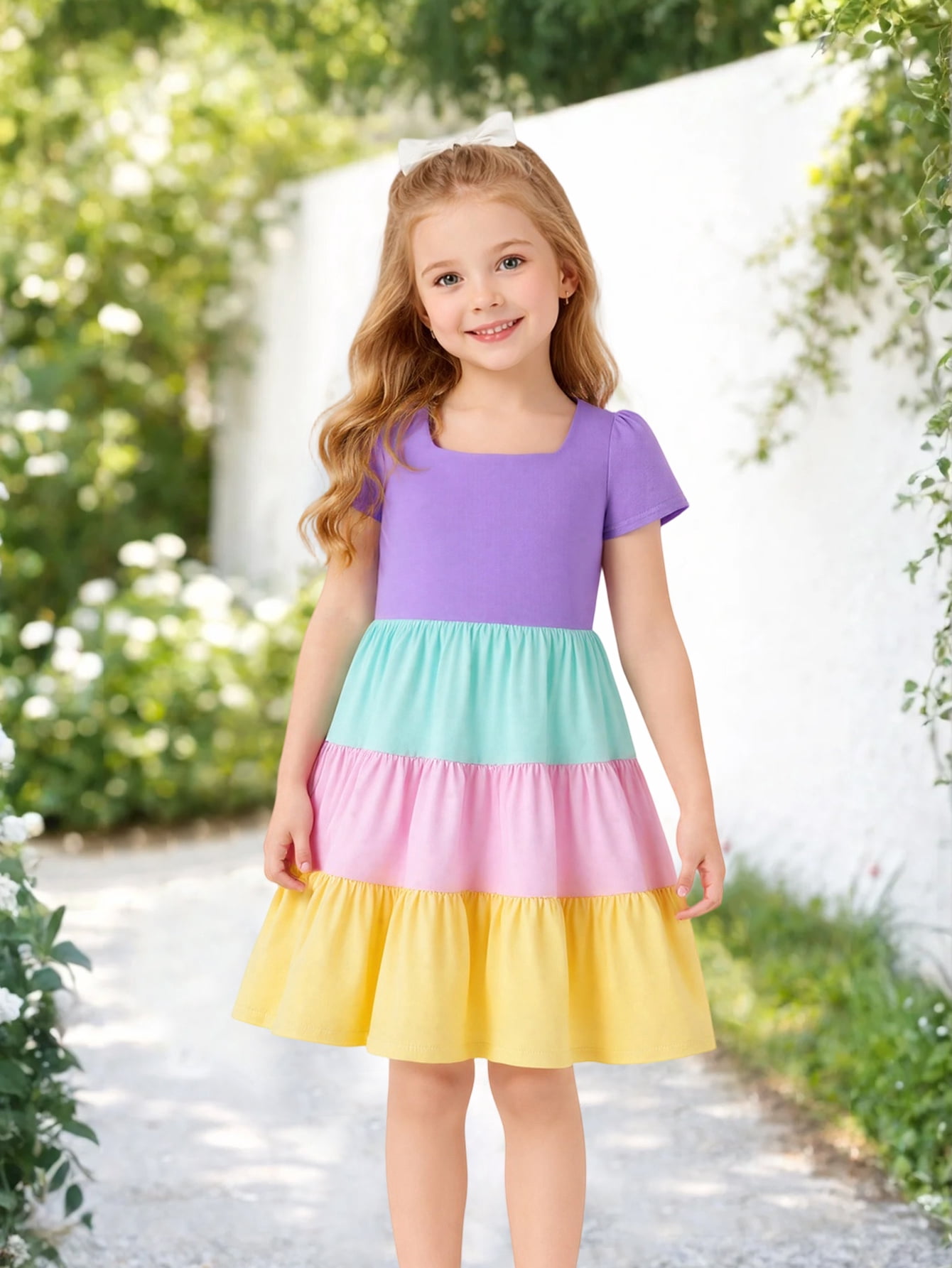 HILEELANG Toddler Girls 2-8T 100% Cotton Tiered Dress Pastel Colorblock ...