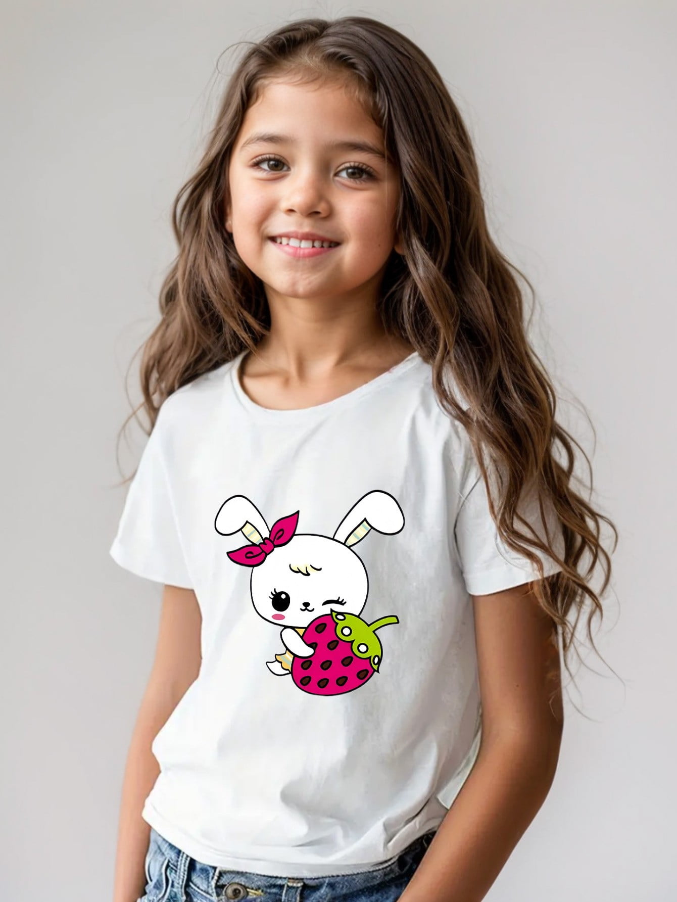 Girls' Cotton Short-Sleeve T-Shirt with Cute Rabbit & Strawberry Print ...