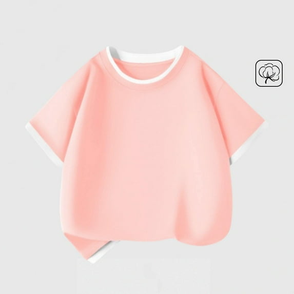 Girls Cotton T-Shirt Short Sleeve with Contrast Trim, Pink Relaxed Fit ...