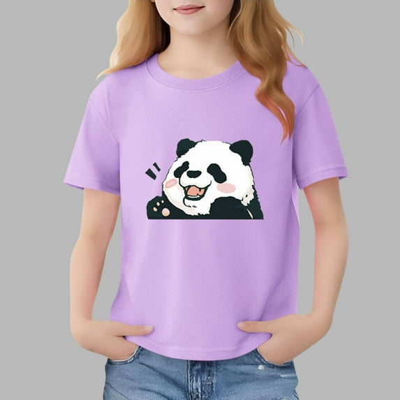 Girls' Cotton T-Shirt with Panda Graphic, Purple Short Sleeve Cartoon ...