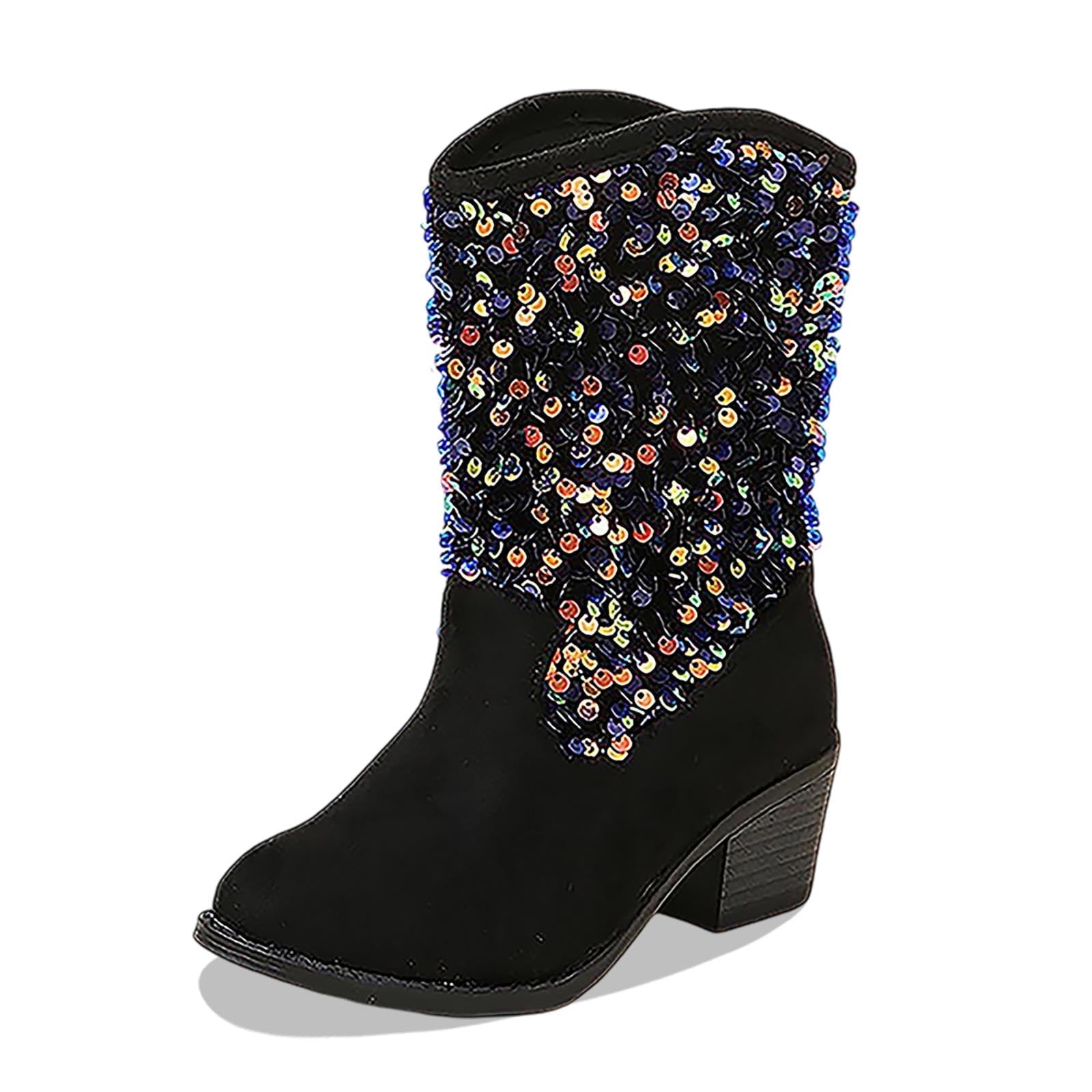 Girls Cowboy Boots Western Glitter Sequin Mid Calf Boots Snip Toe Block ...
