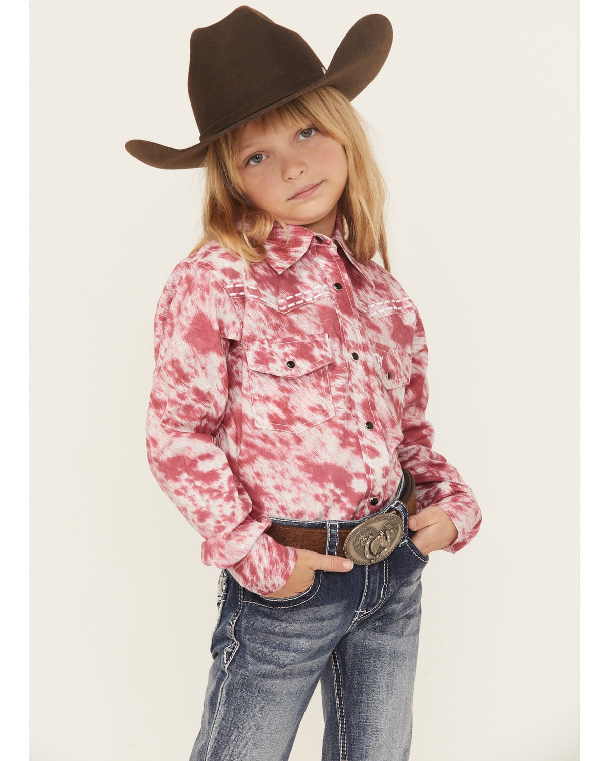 Girls' Cowgirl Hardware Cowhide Print Long Sleeve Snap Stretch Western ...