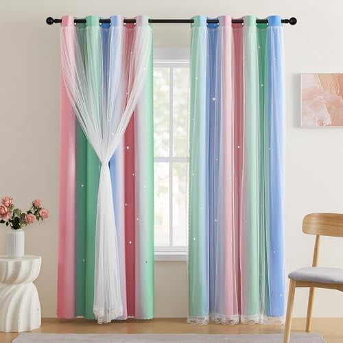 Girls Curtains for Bedroom 63 Inches Long 2 Panels Pink Green Blue ...