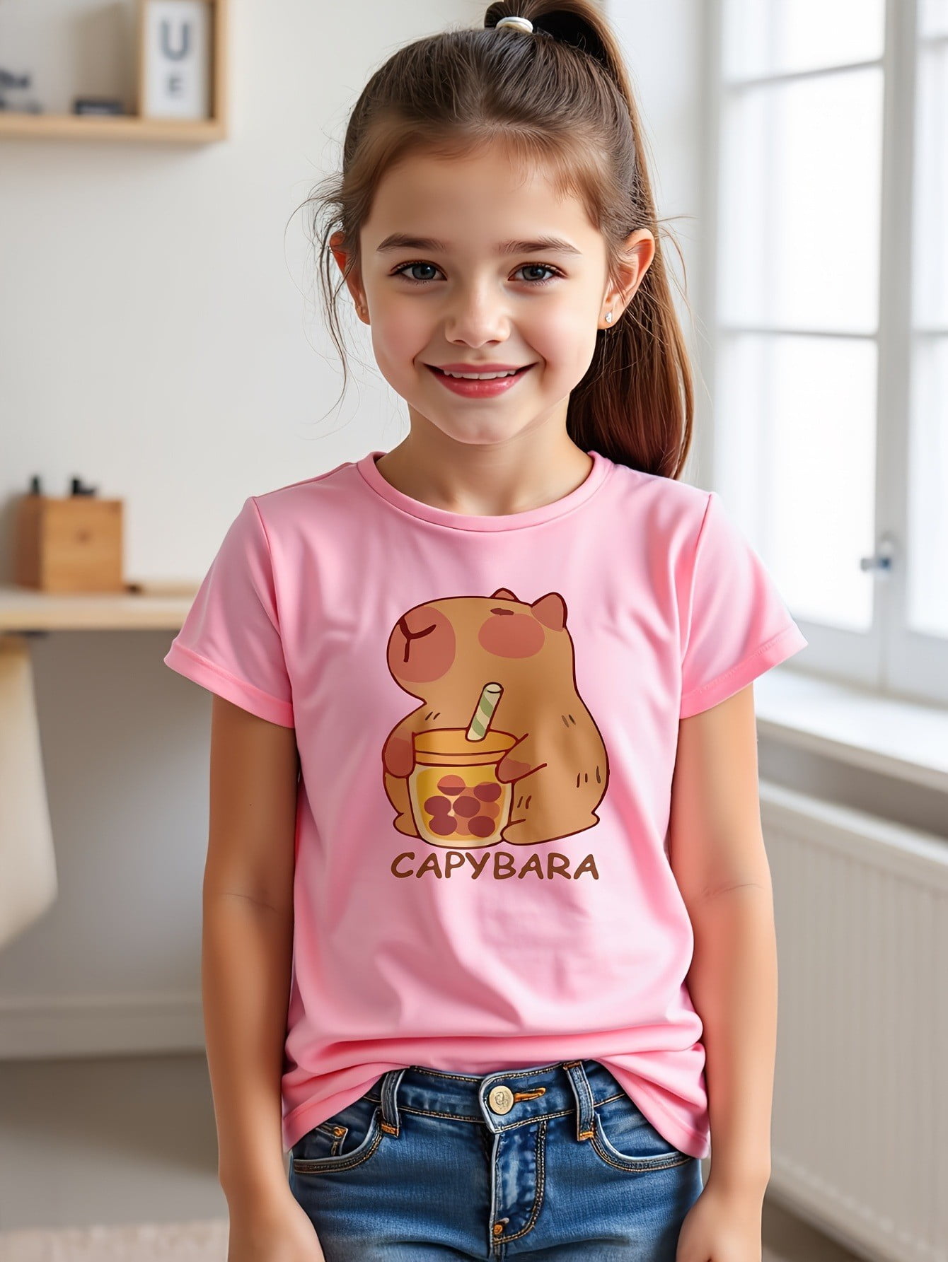 Girls' Cute Capybara Boba Tea Graphic T-Shirt, Short Sleeve Round Neck ...
