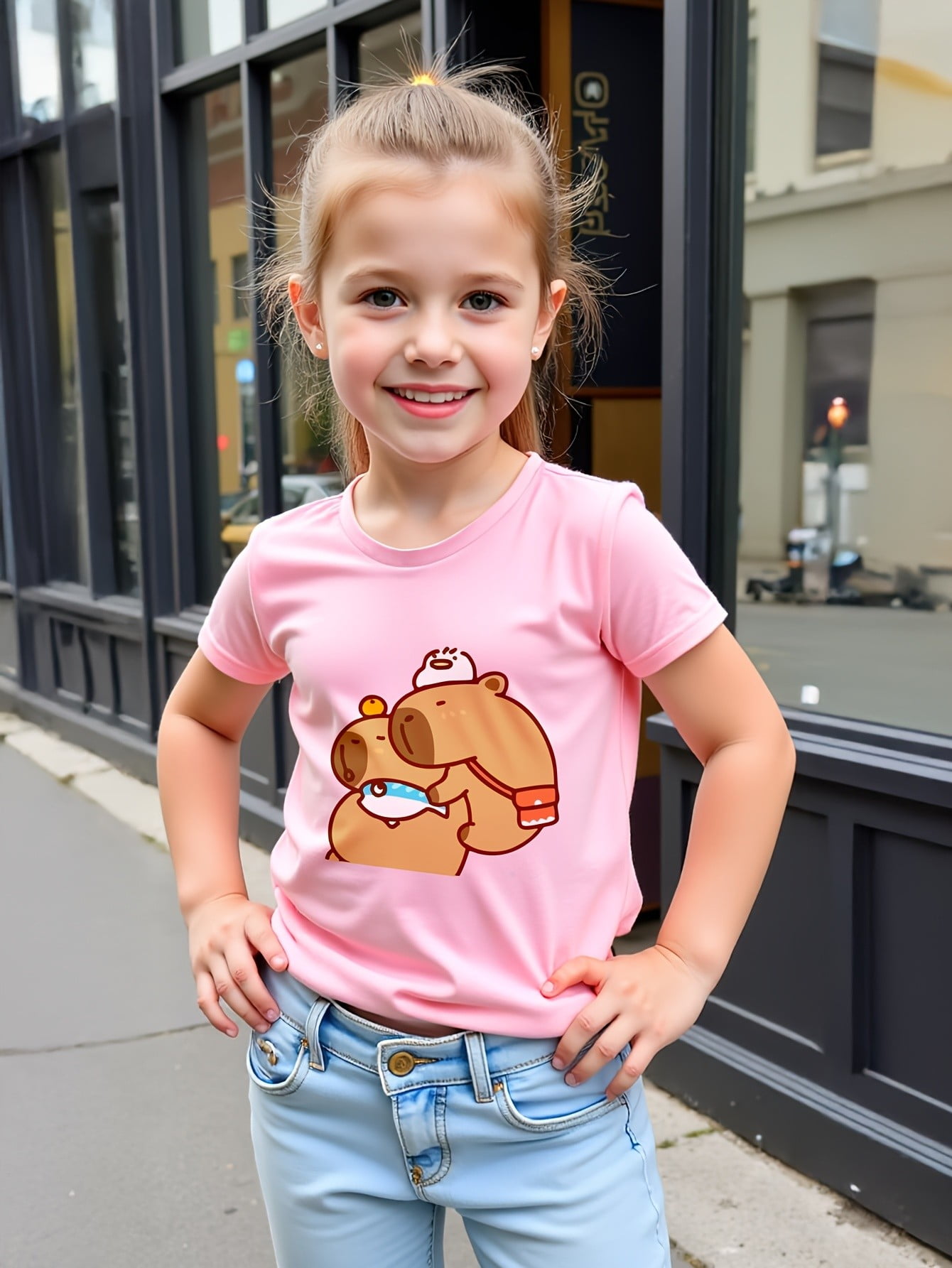 Girls' Cute Capybara Boba Tea Pattern T-Shirt Short Sleeve, Round Neck ...