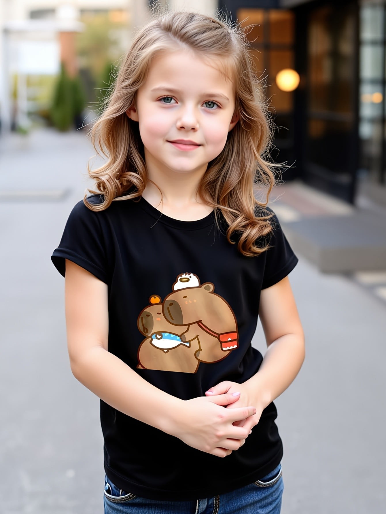 Girls' Cute Capybara Boba Tea Pattern T-Shirt Short Sleeve, Round Neck ...