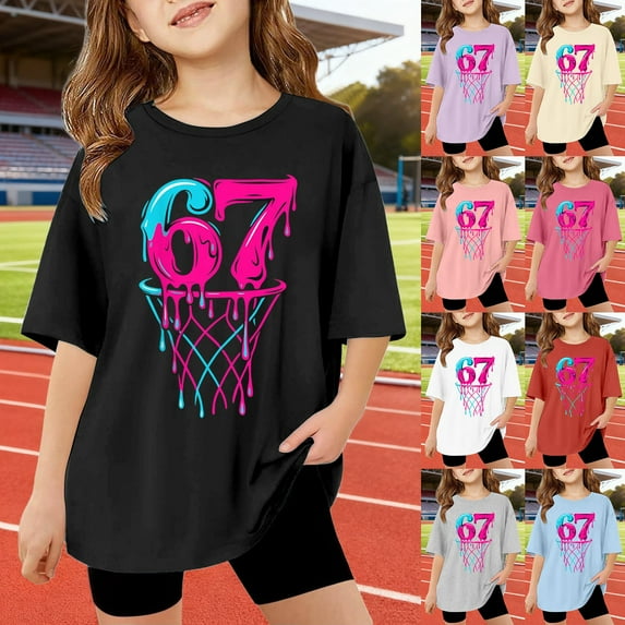 Girls Cute Cartoon 67 Print T Shirt Short Sleeve Crewneck Tee Loose ...
