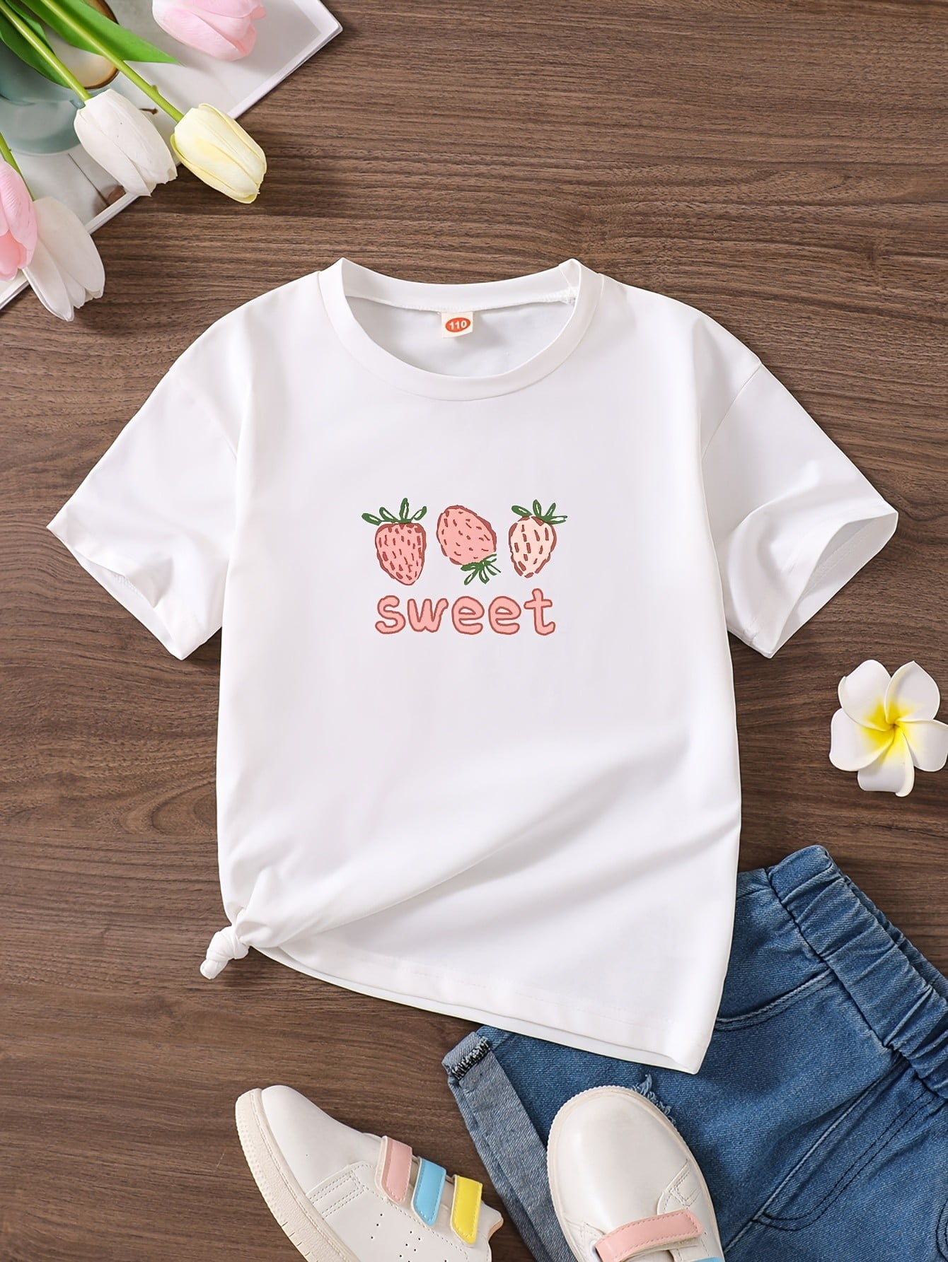 Girls' Cute Crew Neck T-Shirt, Polyester Blend Cartoon Strawberry Print ...